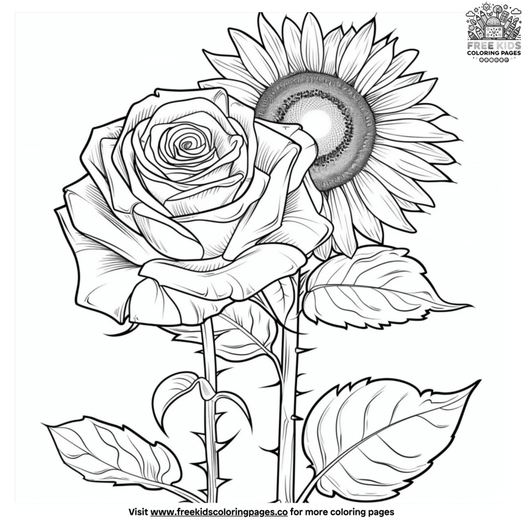 Sunflower And Rose Plant Coloring Pages