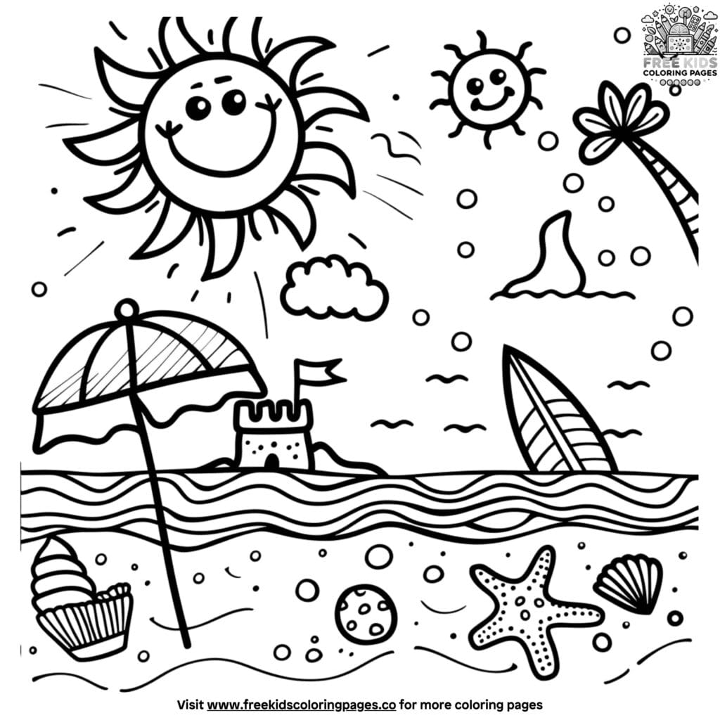 Smiling Sun At Beach Coloring Pages