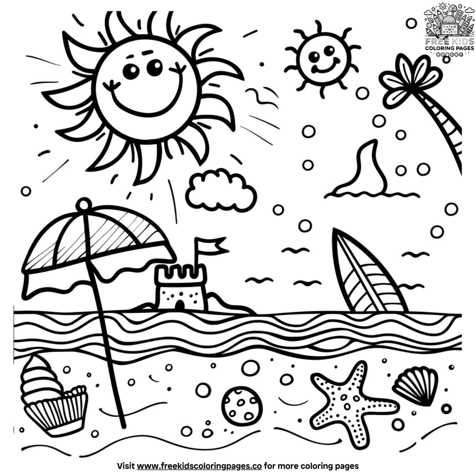 Smiling Sun At Beach Coloring Pages