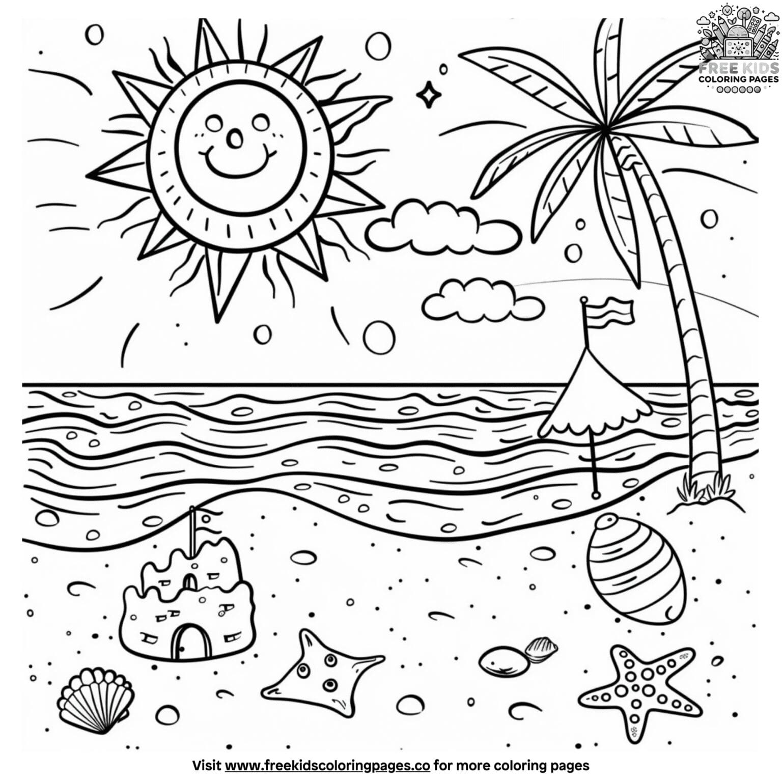 Smiling Sun At Beach Coloring Pages