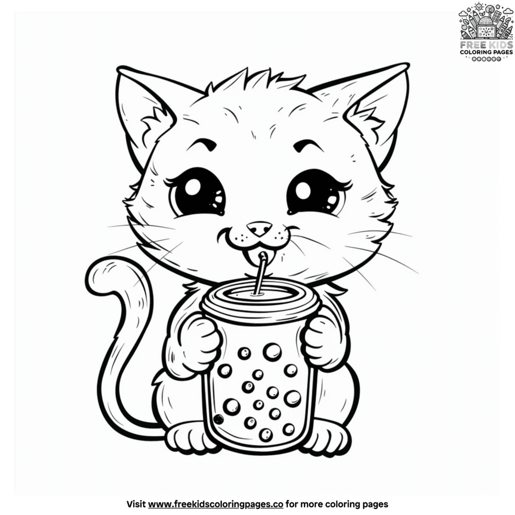 Adorable Cat Boba Tea Coloring Pages