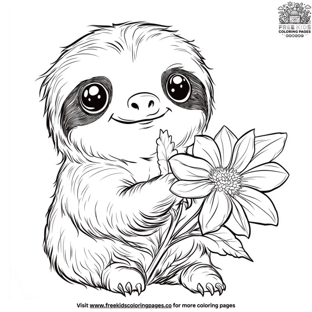 Beautiful Baby Sloth Holding A Flower Coloring Pages