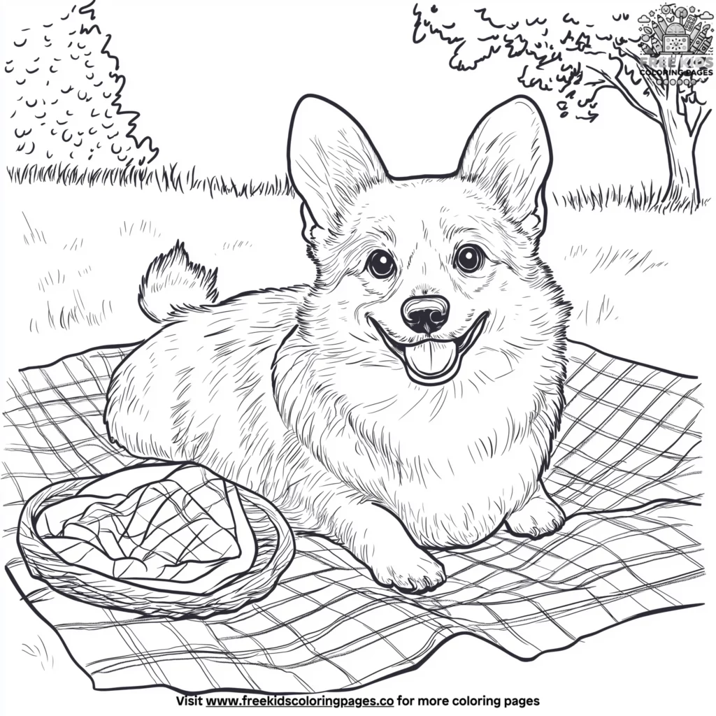 Corgi On A Picnic Blanket Coloring Pages