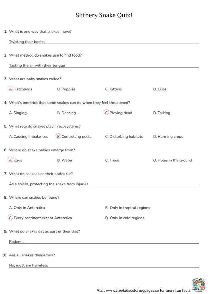 Slithery Snake Fun Facts Printable - Free Kids Coloring Pages