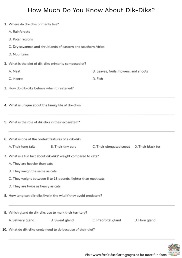 Delightful Dik Dik Fun Facts Printable - Free Kids Coloring Pages